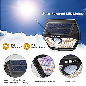 MEIKEE Solar Lights Outdoor Motion Sensor, 150 LEDs 2700K Warm White Solar Motion Light Outdoor 270° Wide Angle, IP65 Waterproof Solar Security Lights for Garden Patio Yard Deck Garage Fence -4 Pack