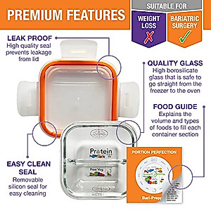 Bariatric Portion Control Lunchbox/Meal Prep Glass Containers 3pk with 100 Cal Snack Container Set, Practical Meal Prep, Gastric Sleeve, Bypass or Band with Protein, Carbs & Veg