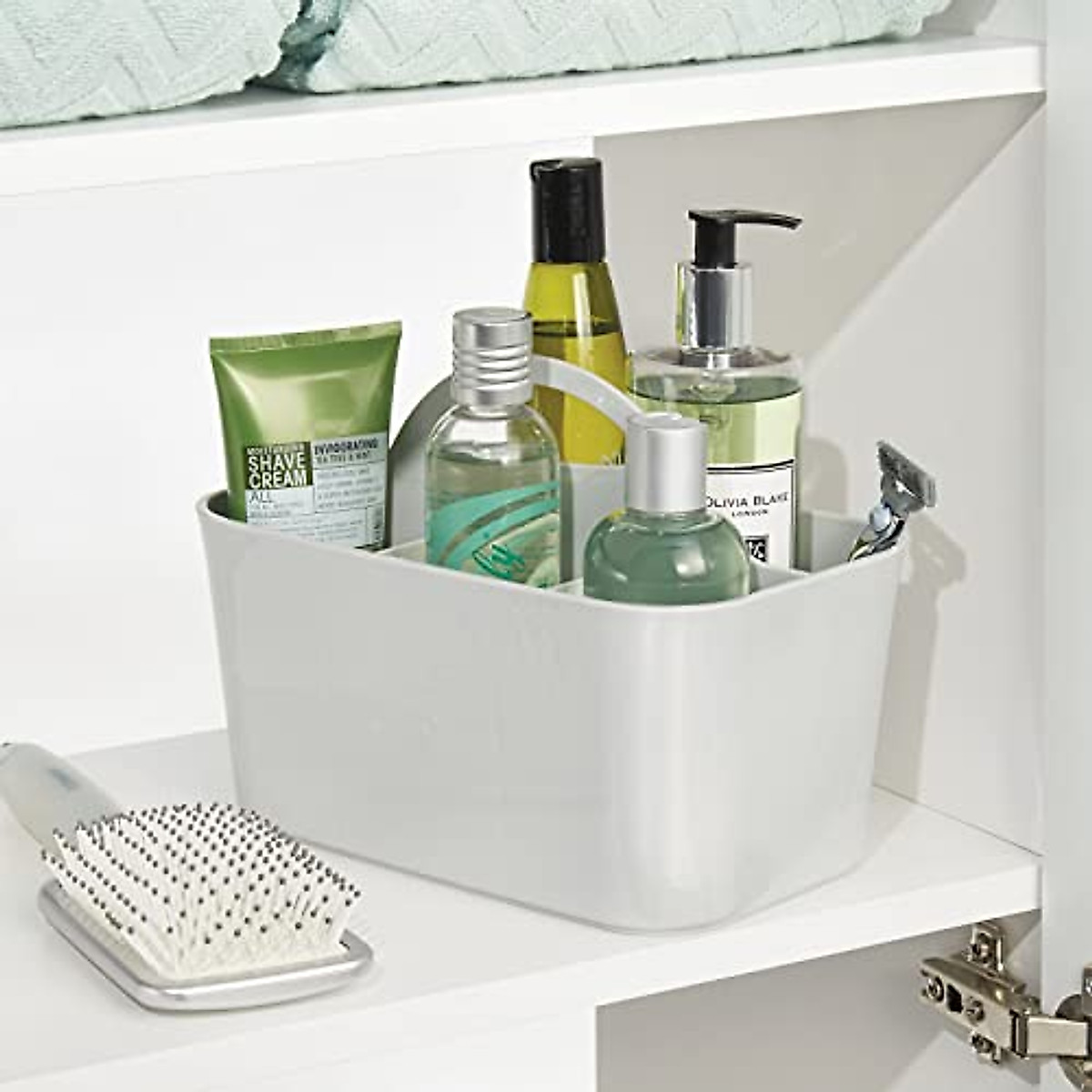 mDesign Small Plastic Shower/Bath Storage Organizer Caddy Tote with Handle for Dorm, Shelf, Cabinet - Hold Soap, Shampoo, Conditioner, Combs, Brushes, Lumiere Collection, Light Gray