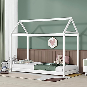 Twin Size House Bed, Wooden Daybed, Floor Bed for Toddlers, Teens, Girls, Boys, Kids House Bed Frame Can Be Decorated (White)