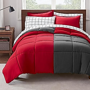 Serta Simply Clean Complete 7 Piece Hypoallergenic Reversible Bed in a Bag with Sheets and Pillow Cases for All Season, Queen, Red/Grey