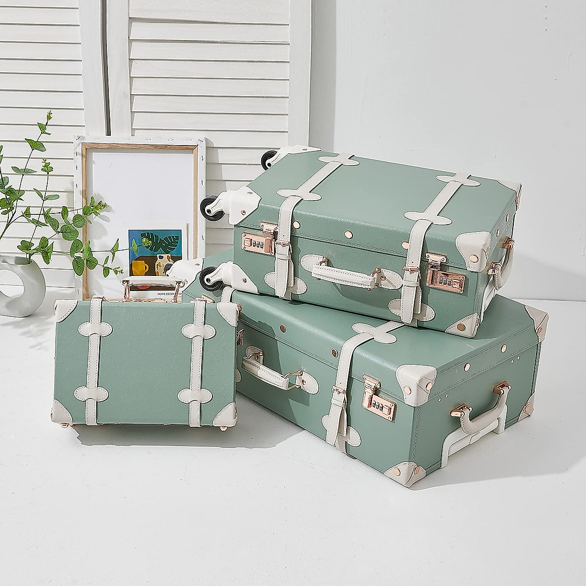 Unitravel 3 Piece Vintage Combination Suitcase Set, Hard Shell Retro Travel Trunk Luggage with Train Bag for Women (Matcha Green, 26"+20"+12")