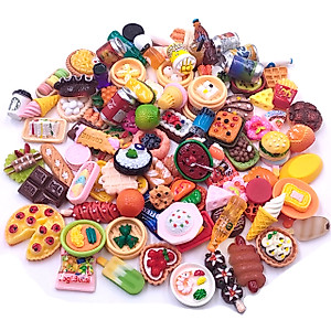 100pcs Miniature Food Drinks Bottle Toys Dollhouse Mixed Resin Accessories for Adults Kids Kitchen Accessories for Pretend Play (Hamburger, Pizza,Cake,Ice Cream,Bread)