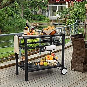 Bar Cart, Outdoor Grill Cart, Pizza Oven Stand, BBQ Prep Table with Wheels & Hooks, Side Handle, Double-Shelf Grilling Cart, Tabletop Griddle Cooking Station for Bar, Patio, Kitchen (Black)