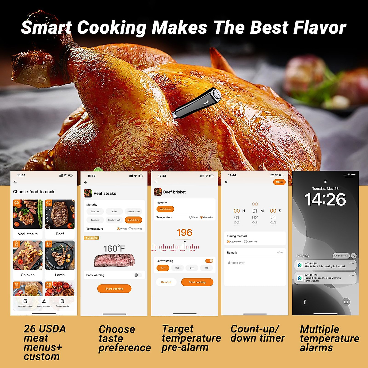 Inkbird Grill Thermometer,Bluetooth Smoker Thermometer,Cooking Digital BBQ Thermometer with 150FT,Alarm and Timer Kitchen Meat Thermometer for Grilling,Roasting,Oven,3 Meat Probes and 1 Oven Probe