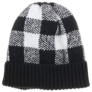 CRUOXIBB Women Knit Slouchy Beanie Hat with Faux Fur Pompom Buffalo Plaid Cuff Winter Soft Warm Ski Cap