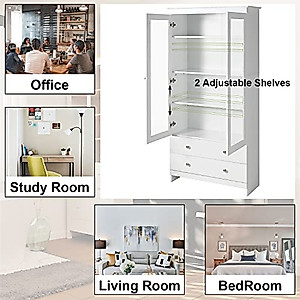 YIGOBUY White Bookcase with Glass Doors Tall Display Cabinet Wooden Bookshelf Organizer for Home Bedroom, Living Room, Office, Library with Doors, White Freestanding Kitchen Pantry