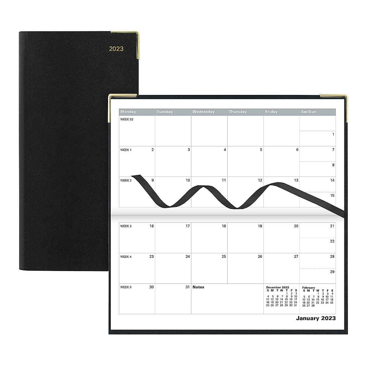 Letts of London 12S Daily Planner, Day Per Page, Classic Slim Month Per Page, 13 Months Jan 2023 - Jan 2024, Landscape Diary 2023 6 5/8" 3 1/4" (Black)