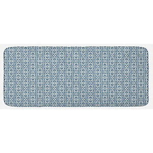 Ambesonne Damask Kitchen Mat, Symmetrical Flowers and Curls Wavy Lines Old Ornamental Curves Tile, Plush Decorative Kitchen Mat with Non Slip Backing, 47" X 19", Slate Blue Ivory