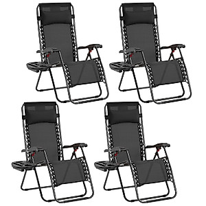 Yaheetech Zero Gravity Recliners Outdoor Adjustable Folding Reclining Lounge Chairs w/Pillows, Cup Holder Trays and Carry Strap for Patio Backyard Beach Black Set of 4