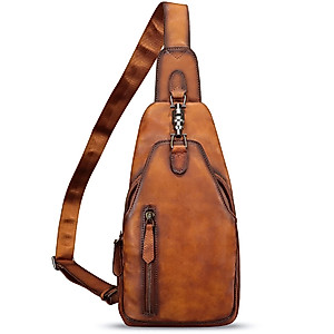 FEIGITOR Genuine Leather Sling Bag Retro Crossbody Sling Backpack Handmade Chest Shoulder Bag Daypack Purse Fanny Pack (Brown)