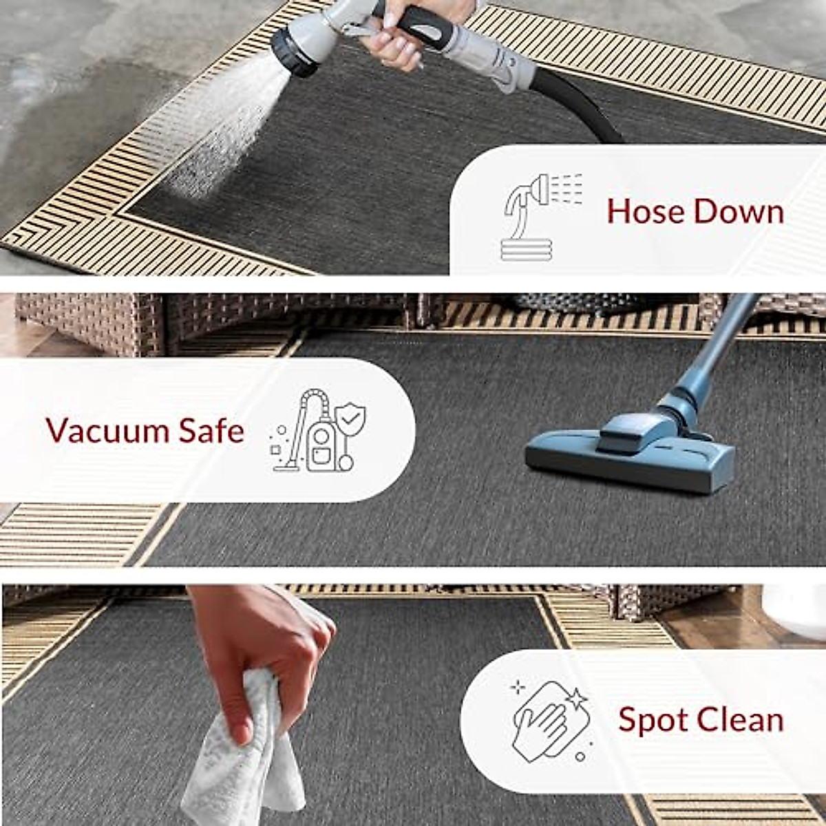 nuLOOM 7' Round Outdoor Area Rug, Casual Design With Striped Border, Stain Resistant, Highly Durable, For Patio, Balcony, Bedroom, Living Room, Dining Room, Bathroom, Dark Grey