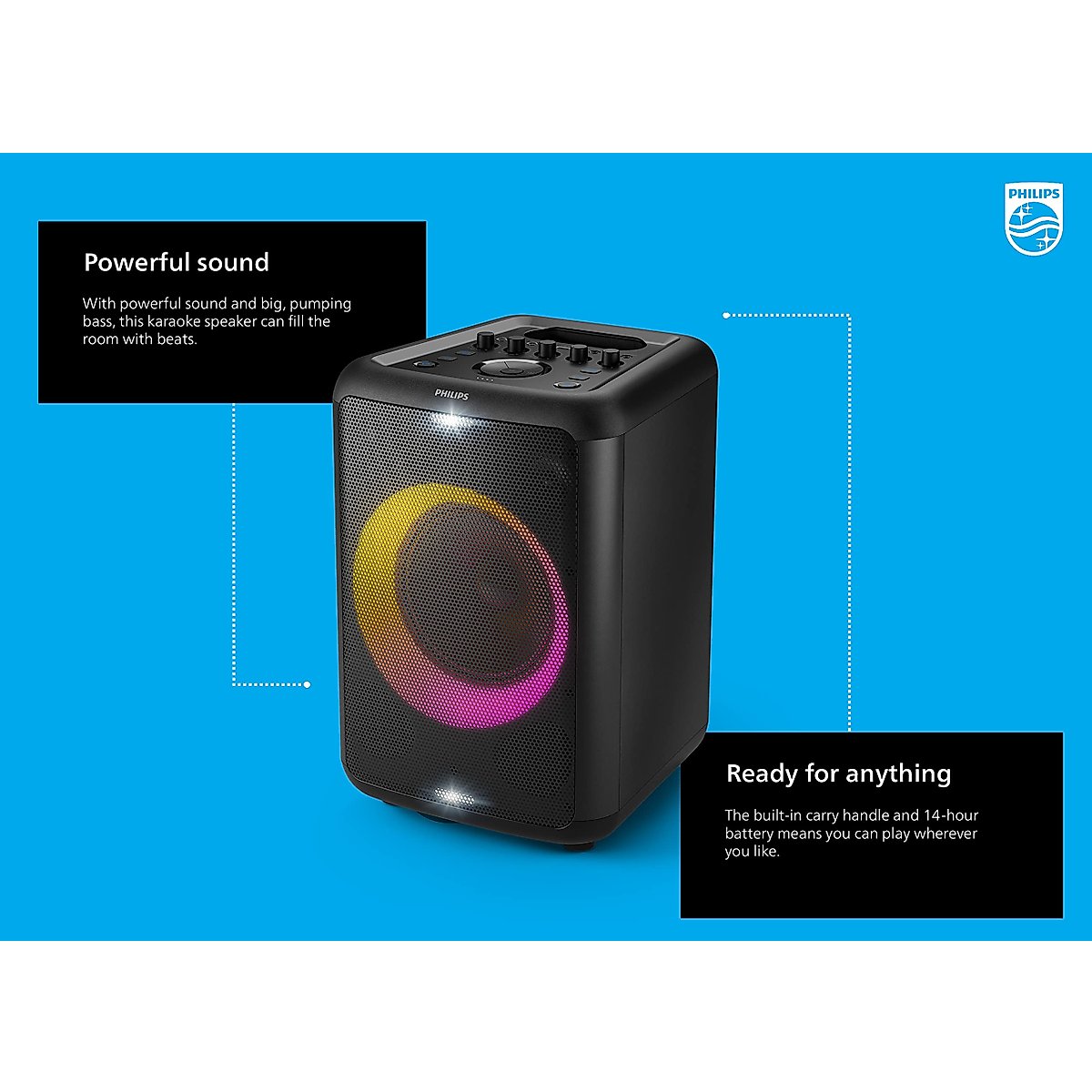 PHILIPS X3206 Bluetooth Party Speaker with Deep bass, Up to 14 Hours Battery, Party Lights and Karaoke Effects, Microphone and Guitar Input, Audio-in, USB Charging, Built-in Trolley, TAX3206