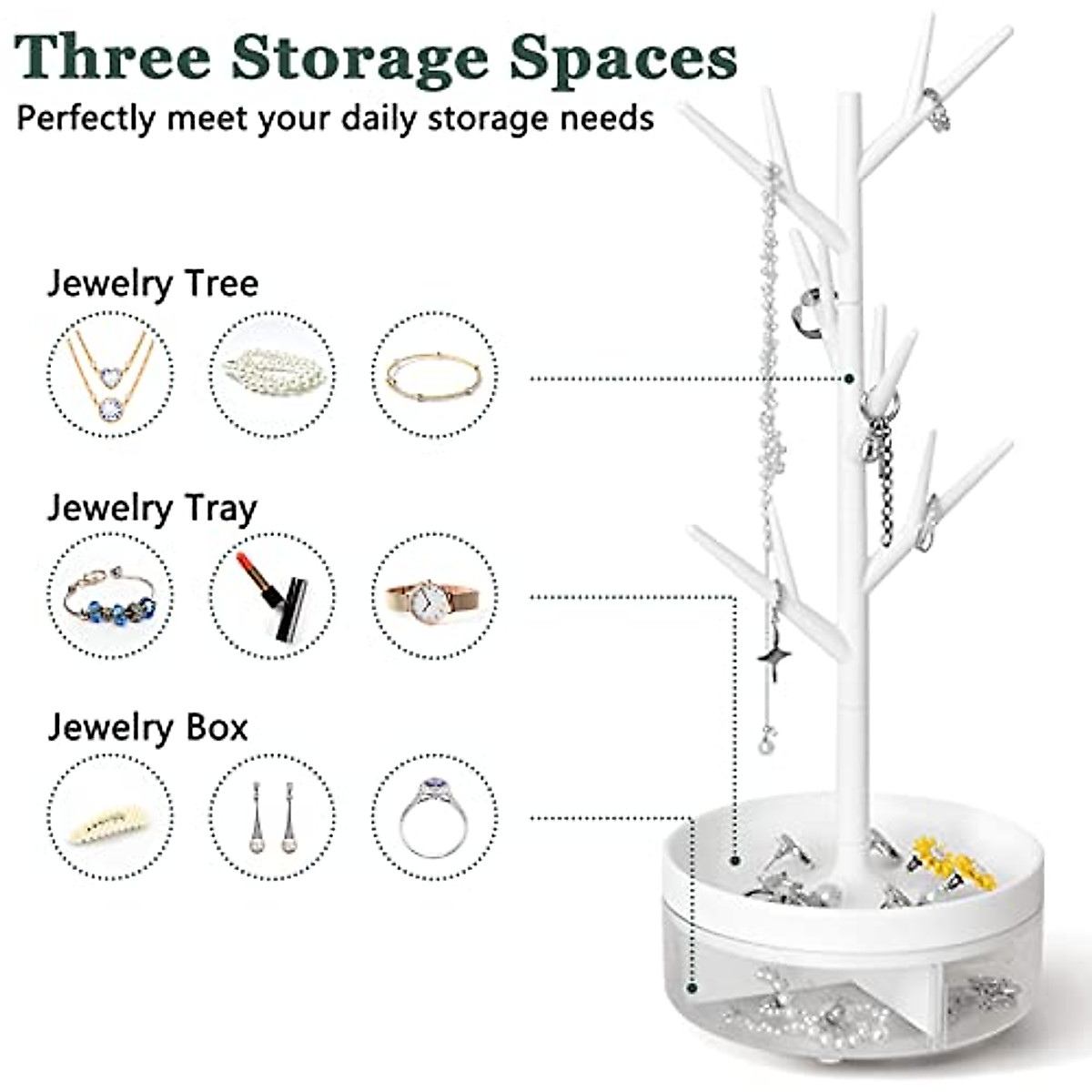 MZYOUHUO Rotating Jewelry Holder Organizer, 3 in1 Jewelry Tree Stand, 14.56 Inch High Necklace Holder Display for Necklaces Earrings Bracelets Watches Rings (White)