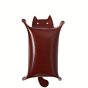 Guoshang Portable Cat Shape Leather Storage Tray Key Desktop Jewelry Box,Red Wine