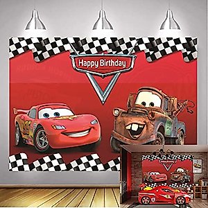 Cartoon Car Backdrop Children Boys Birthday Party Backdrops Car Racing Story Black White Grid Red Photo Backgrounds for Photography Birthday Party Banner (8X6ft)