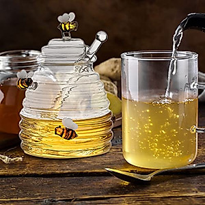 MuginoHo Honey Jar with Dipper and Lid Glass Honey Pot Container Dispenser for Home Kitchen Store Honey and Syrup, Unique Beehive Shape Honeypot