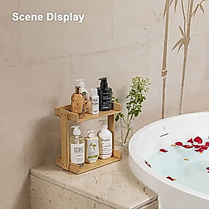 PELYN Bamboo Bathroom Countertop Organizer Corner Shelf for Bath Shampoo Lotion Accessories