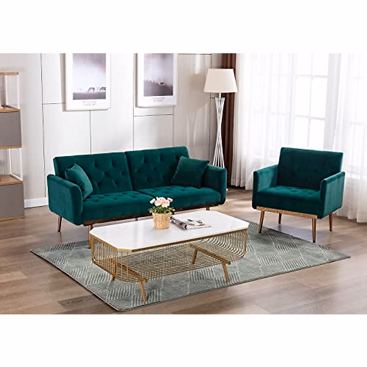 SLEERWAY Velvet Futon Sofa Bed with 5 Golden Metal Legs, Sleeper Sofa Couch with Two Pillows, Convertible Loveseat for Living Room and Bedroom, Green