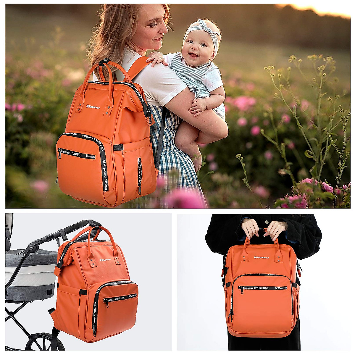 Baby Diaper Bag Backpack, Multi-Function Waterproof Travel Back pack Nappy Bags for Women Baby include Insulated Pocket, Changing Pad, Stroller Straps and Elastic Luggage Strap for Travel Orange