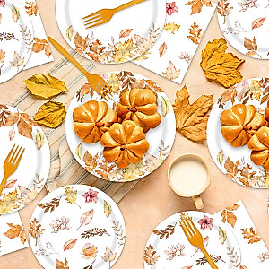 96 PCS Fall Leaves Party Decorations Supplies Autumn Maple Leaves Party Tableware Set Party Napkins Forks Disposable Paper Plate Decorations Favors for Fall Thanksgiving Bridal Shower Birthday Theme