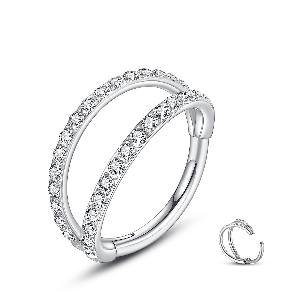 Yaoyaoyors Double Diamonds Nose Rings 20G 8mm Hinged Septum Piercing Jewelry Cartilage Earrings Stainless Steel Helix Hoop Daith Ring with Shiny Clear CZ Silver Color