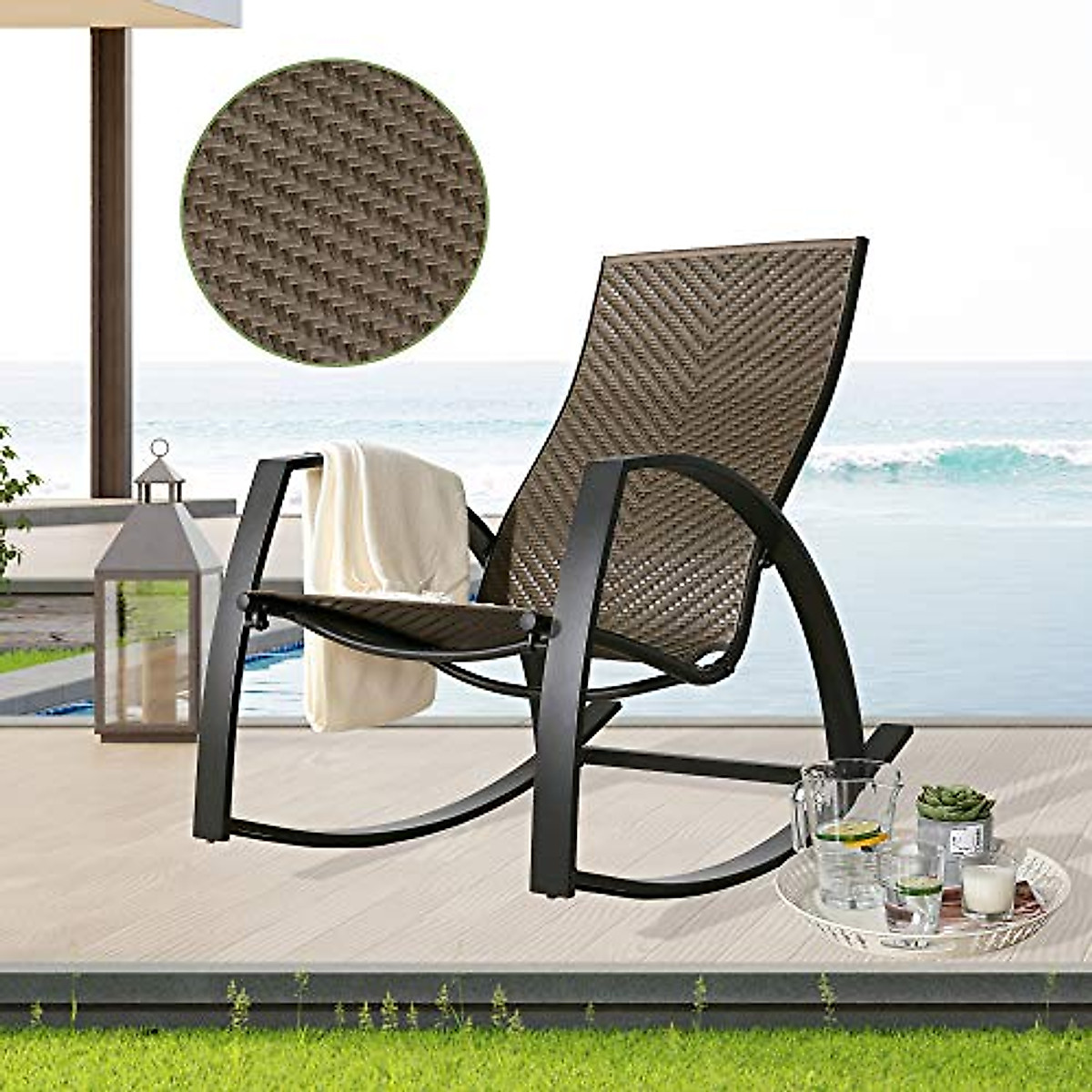Iwicker 2 PCS Patio Rattan Bistro Rocking Chairs, Outdoor Breathable Wicker Rocker Chairs for Yard, Deck, Balcony or Indoor Use