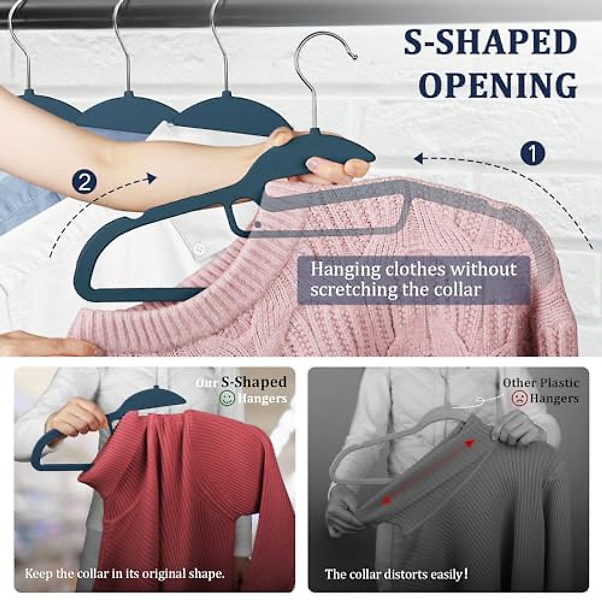 Flysums Plastic Hangers, 50 Pack Coat Hangers Rubber Coated Clothes Hangers with Non-Slip Design, Ultra Slim & Heavy Duty Suit Hangers, Space Saving Hangers for Closet (Blue- S Shaped)