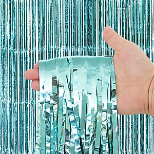 RUBFAC 3pcs 3.3x8.2 Feet Ocean Blue Fringe Backdrop Curtains,Tinsel Streamers Summer Beach Party Decorations,Fringe Backdrop for Beach Theme Party Decor