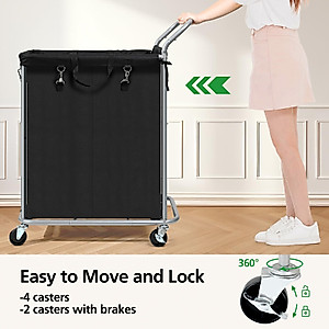Laundry Basket with Wheels, 2-Section Rolling Laundry Hamper with Removable Liner, 37 Gallons (140L) Laundry Sorter Cart, Blanket Storage Organizer with Sturdy Metal Frame(Black)