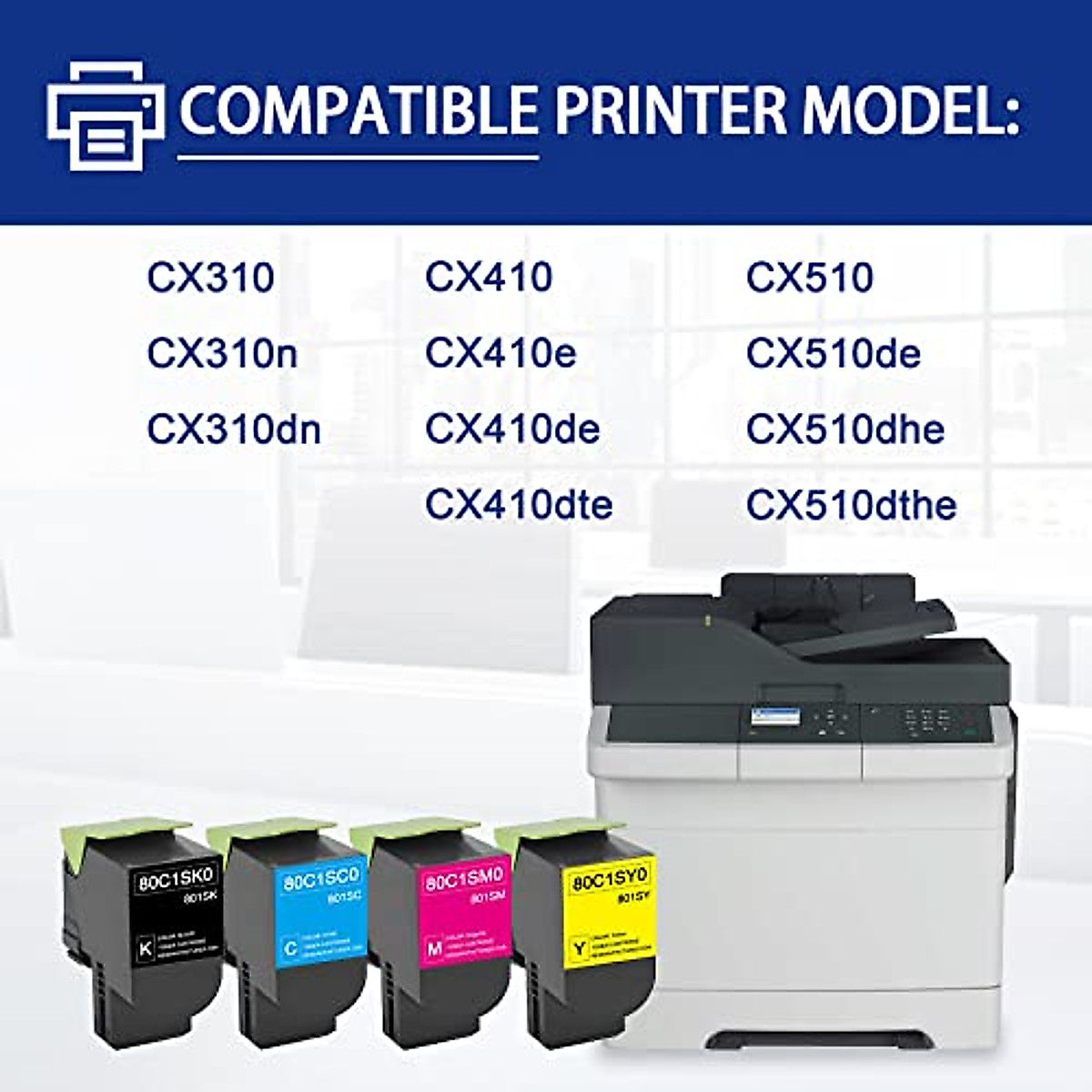BERYINK Compatible 801SK 801SC 801SM 801SY 80C1SK0 80C0SCG 80C0SMG 80C0SYG Toner Replacement for Lexmark CX310 CX310n CX310dn CX410e CX510 CX510dhe CX510dthe Printer (4-Pack, 1BK+1C+1M+1Y)
