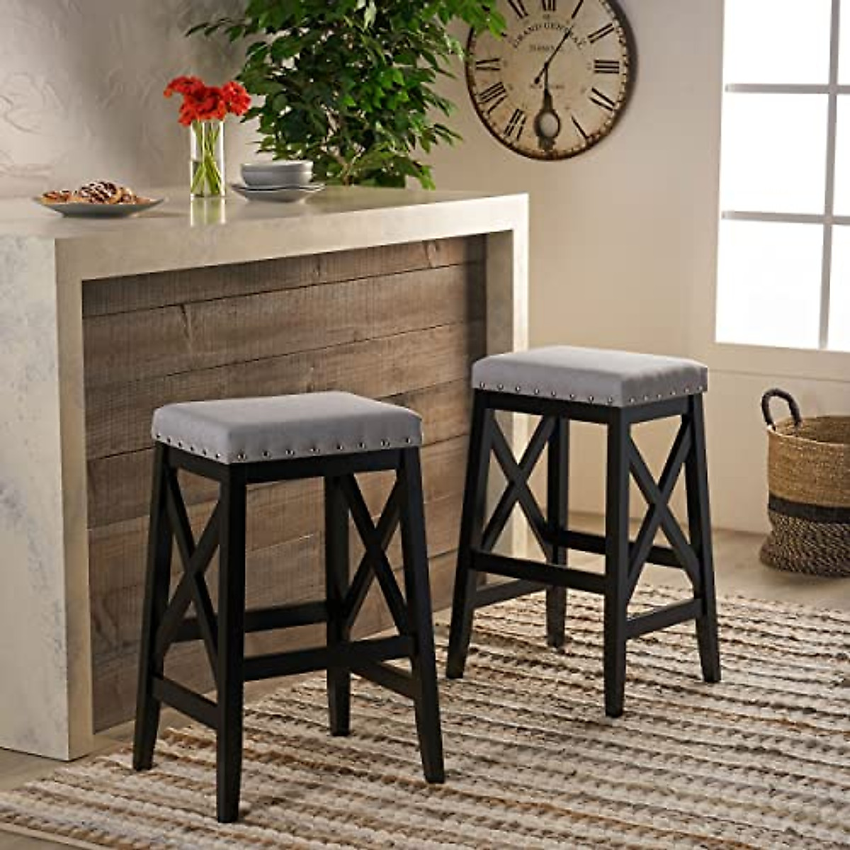 Great Deal Furniture Blair Contemporary Farmhouse Upholstered Fabric Barstools (Set of 2)