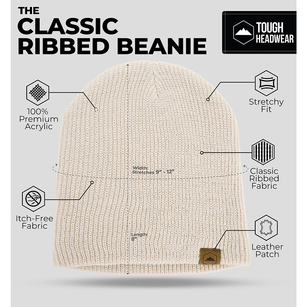 Tough Headwear Beanies for Men & Women - Knit Beanie, Warm & Soft Ribbed Beanie, Daily Knit Hat, Women & Mens Toboggan Hat for Cold Weather Beige