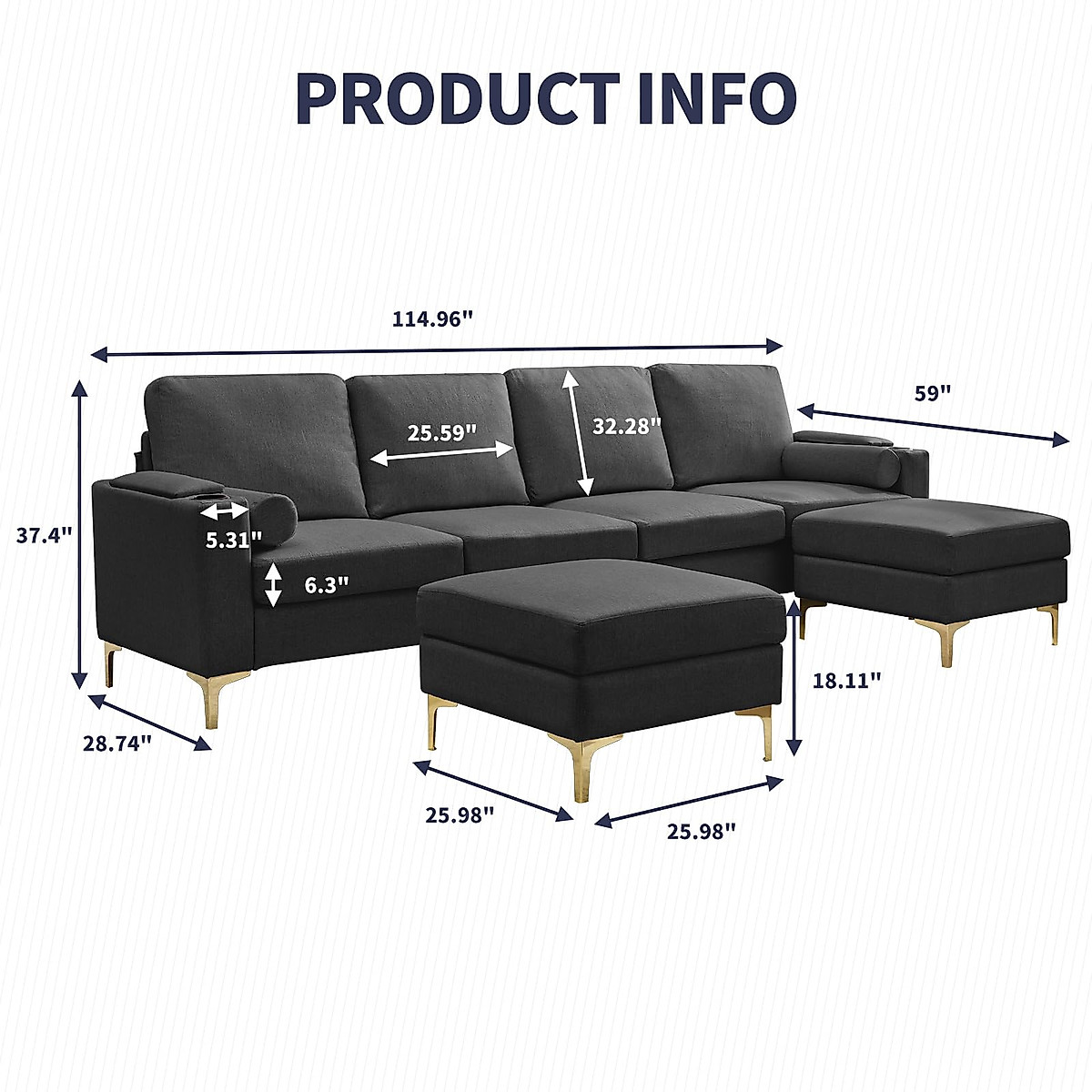 ijuicy U-Shaped Convertible Sectional Sofa Couch,115" Linen Fabric Modular Sofa Set/6 Seater Sofa with Movable Storage Ottomans,Storage Armrest,Pillows and Cup Holders for Living Room(Dark Grey)