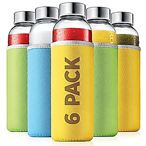 glass bottles 6 Pack 18oz - Includes 6 Sleeves (COLORS MAY VARY) - glass drinking bottles for Beverage and Juice - water bottle glass with stainless Steel Caps with - Leak-Proof Lid