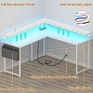 armocity L Shaped Computer Desk with Power Outlets, Gaming Desk L Shaped with LED Lights, Corner Desk with Storage Shelves, Work Study Desk for Bedroom, Home Office Small Spaces, 47'', White