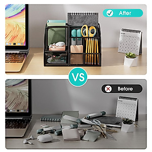 MaxGear Mesh Desk Organizer Office Desktop Organizer with Drawer, Metal Stationary Organizer Black Desk Caddy, 6 Compartments, 8.7 x 5.5 x 5 inch, 1 Pack