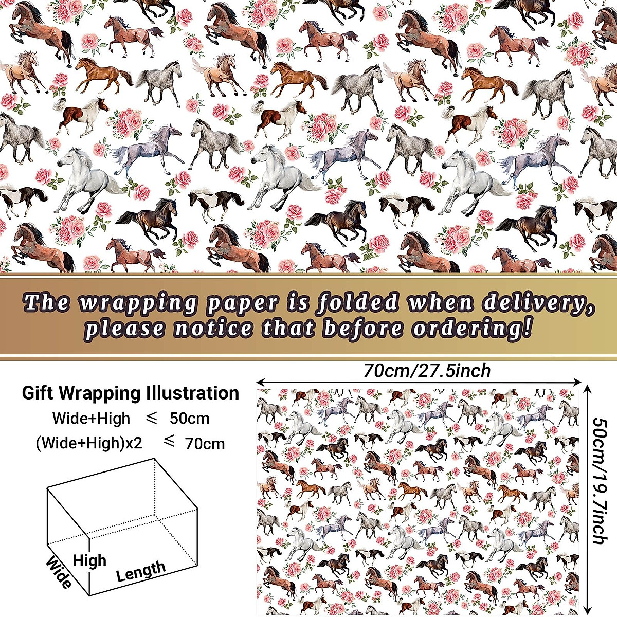 12 Sheets Horse Floral Wrapping Paper Run for The Roses Themed Gift Wrap Paper for Kentucky Derby Party Horse Racing Birthday Party DIY Craft, 19.7 × 27.6 Inch