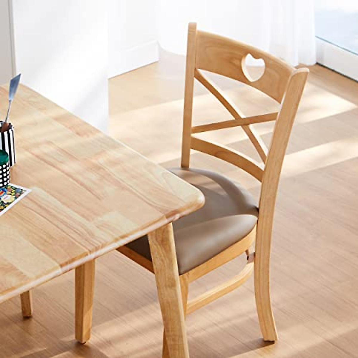 Livinia Heart X-Back Dining Chair Set of 2, Solid Malaysian Oak PU Leather Upholstered Cushion Seat Wooden Cross Back Side Chairs (Natural-Oak)