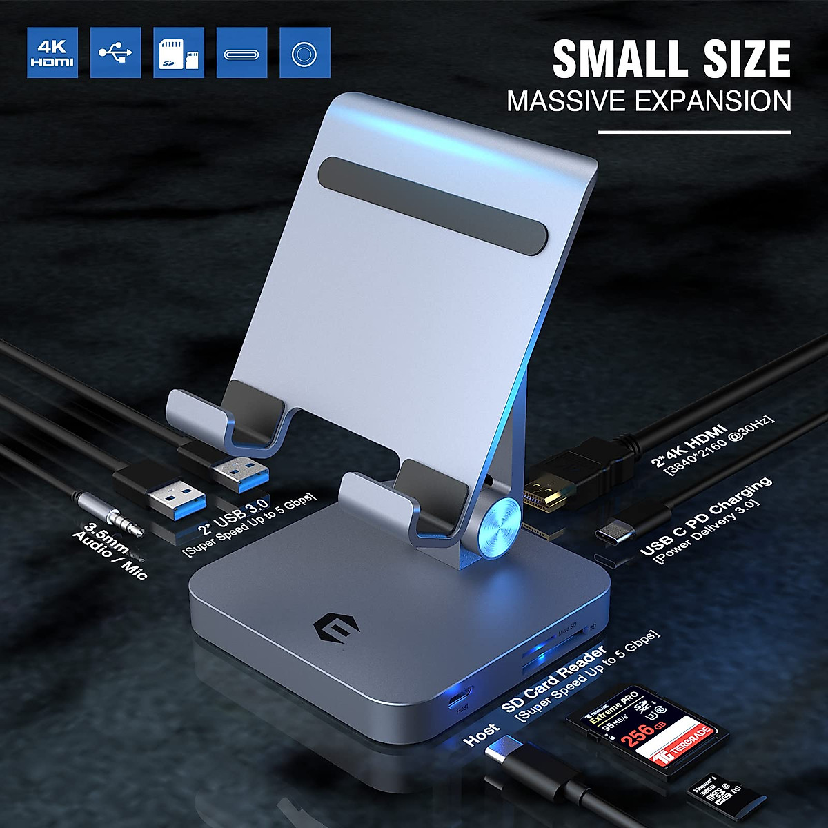 OTAITEK 8 in 1 iPad pro USB C Hub, with Foldable Tablet Stand, 100W Power Delivery, 4K HDMI, 2 USB-A Data Ports, USB-C Data Port, 3.5 mm AUX, TF/SD Card Slots, for iPad Pro and More USB-C Tablets