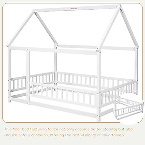 Full Size House Floor Bed Wooden Montessori Bed with Fence and Roof for Kids Playhouse Style Bed Frame for Girls Boys Teens, White