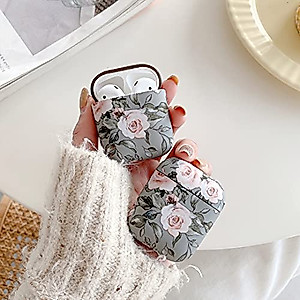 HJWKJUS Compatible with AirPods 1&2 Case for Women Girls, Pink Floral and Gray Leaves Pattern Case with Anti-dust Shockproof Protective Hard Cover for AirPods 1&2-Elegant Flower