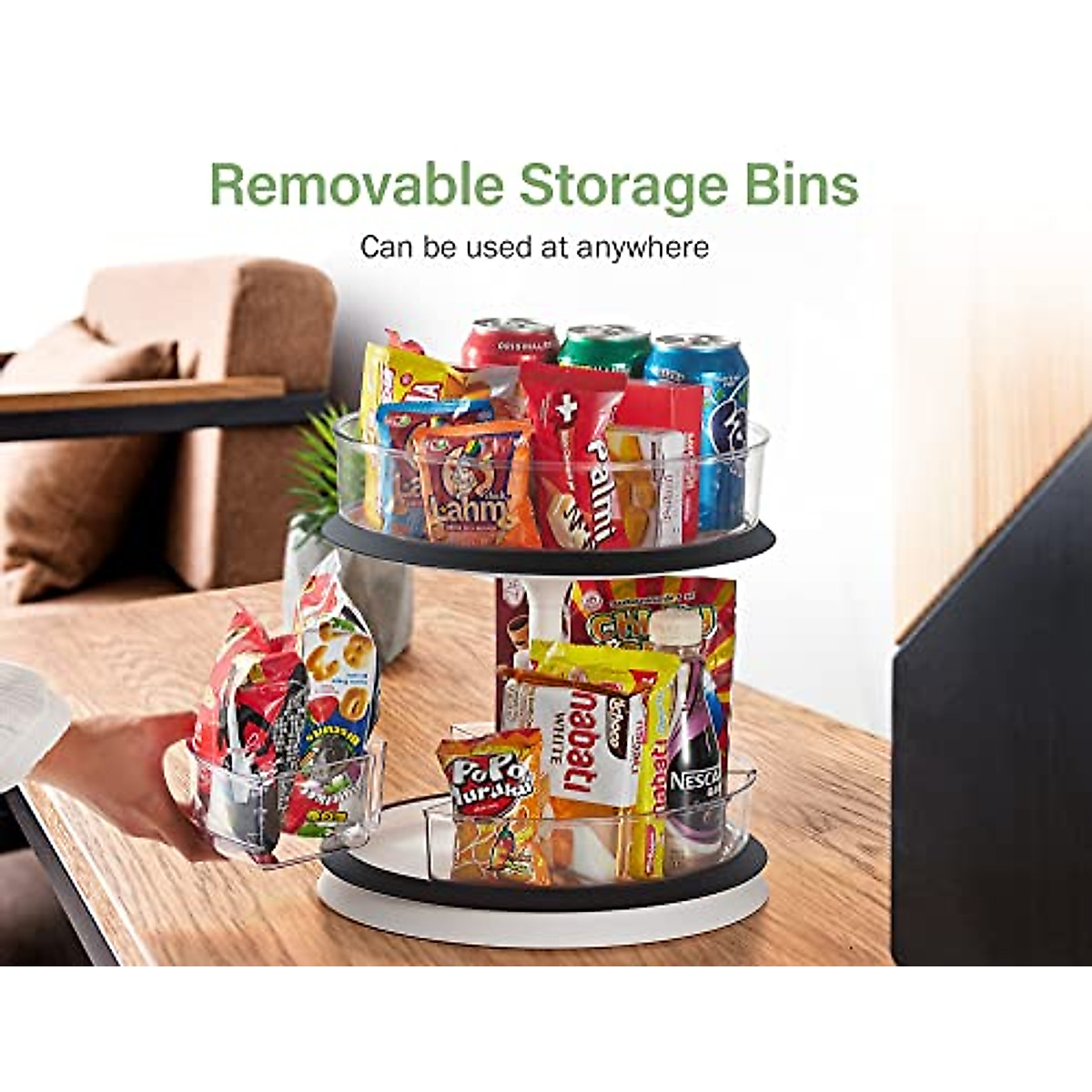 Kootek 2 Tier Lazy Susan Organizer, 11 Inches Height Adjustable Rotating Turntable, Spice Rack for Kitchen Cabinet, Countertop, Bathroom, Makeup, Pantry Organization and Storage with 4 Divided Bins