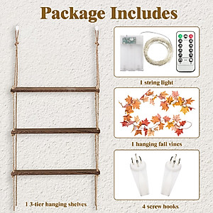 3-Tier Macrame Hanging Shelf for Wall Decor, Wooden Lighted Hanging Shelves with Fall Artificial Maple Leaves Boho Room Decor Aesthetic Wall Storage Floating Shelves for Bedroom Living Room Farmhouse