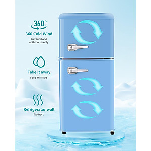 EUASOO FLS-80-Blue 3.5Cu.Ft Compact Refrigerator, Small Refrigerator with freezer, Retro Fridge with Dual Door, 7 Level Adjustable Thermostat for Garage, Dorm,Bedroom, Office