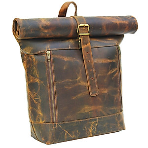 Satchel And Fable Men Leather Vintage Roll on Laptop Backpack Rucksack Bag Brown