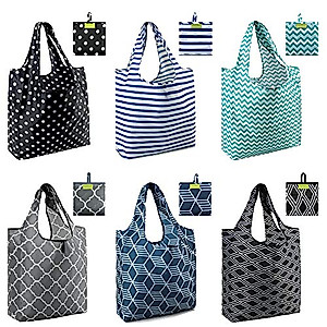 BeeGreen Shopping Bags Reusable Grocery Tote Bags 6 Pack XLarge 50LBS Ripstop Geometric Fashion Recycling Bags with Pouch Bulk Machine Washable Nylon Bags Black Gray Blue Navy Teal Christmas