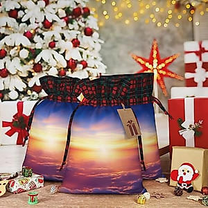 Christmas Gift Bags with Drawstring Burlap Gift Bags Sunrise Over Clouds Christmas Linen Bags for Xmas Party Candy Bags with Cards Xmas Reusable Wrapping Bags Christmas Linen Treat Bags for Holiday