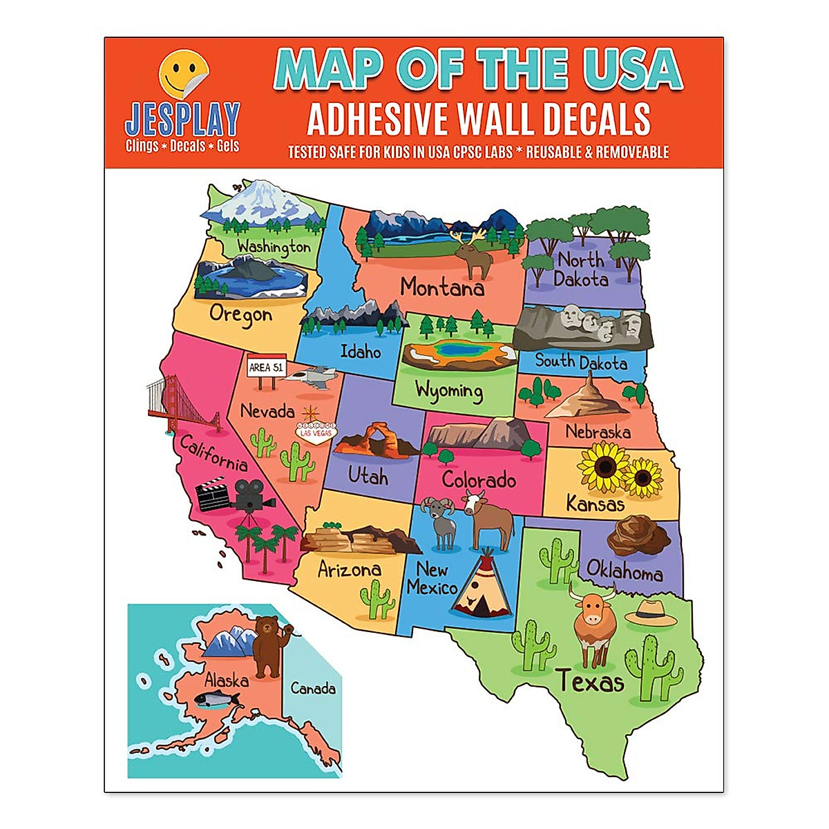 Map of The USA Adhesive Wall Decals - Wall Décor Stickers for Kids & Toddlers Include United States Map and Country - Reusable Wall Decor for Bedroom, Living Room, Nursery, Classroom