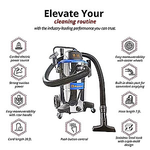 Koblenz Stainless Wet-Dry 6.5 HP Vacuum Cleaner and Blower with Rear Pull Handle, 16 Gallon Tank, Stainless Steel/Black